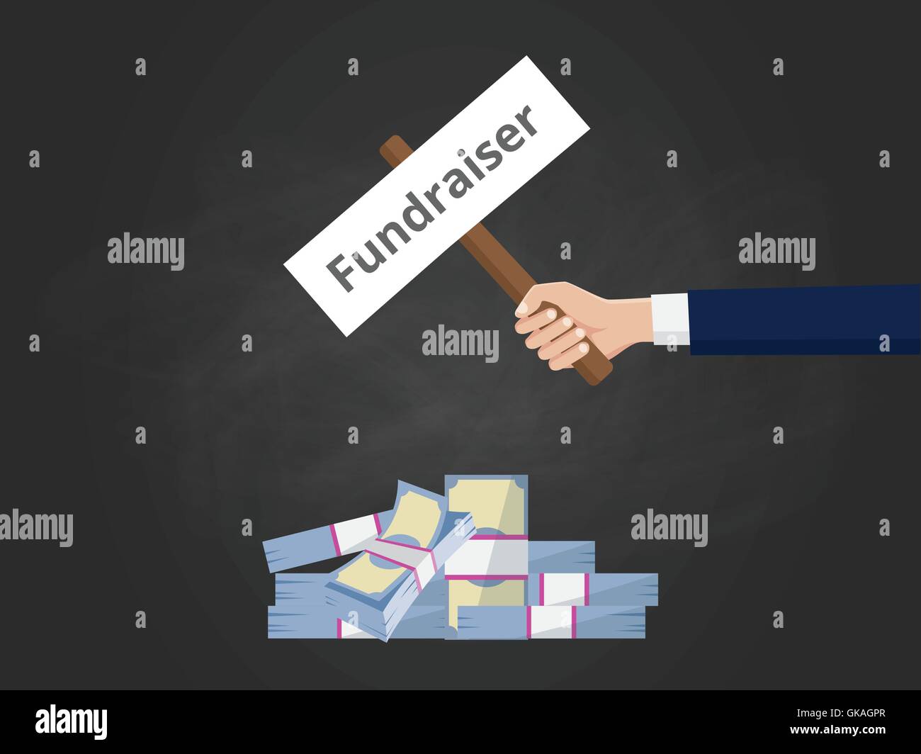 fundraiser illustration with businessman hold a stick paper with cash ...