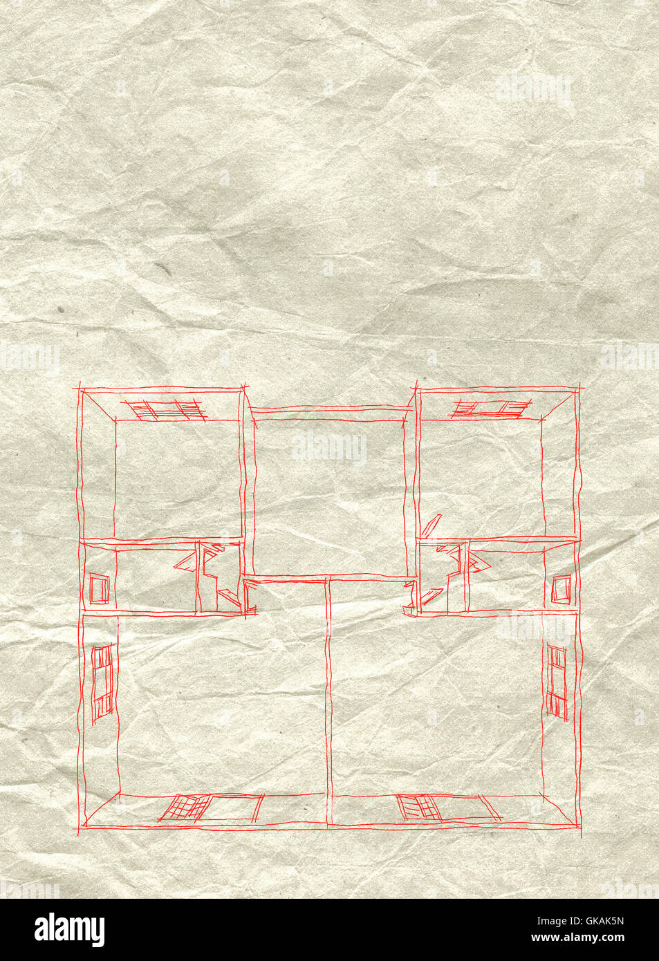 2d red freehand sketch drawing of empty home interior apartment on old ...