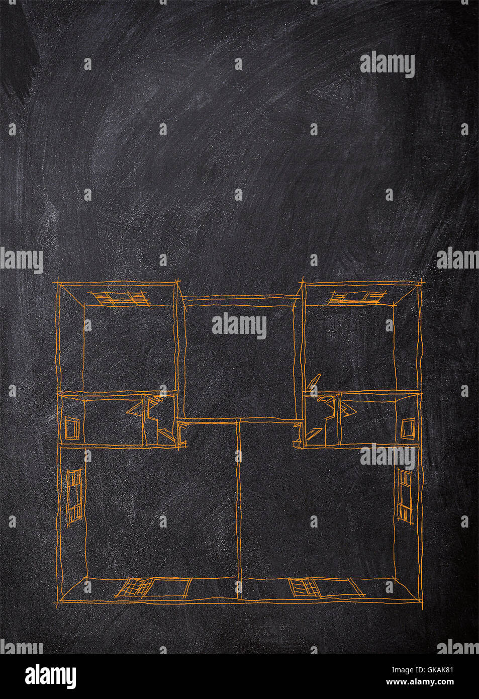 2d interior chalk freehand sketch drawing on blackboard of empty home ...