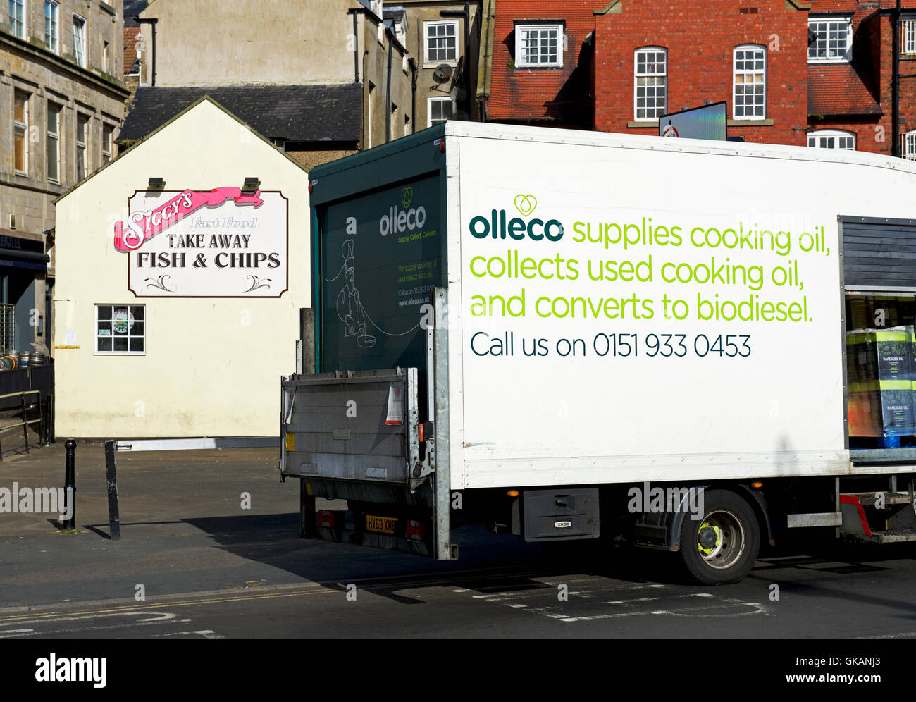 Olleco van delivering cooking oil from fish & chip shop, and taking ...