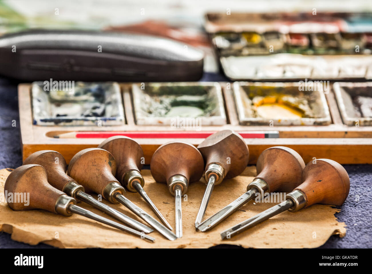 different tools on an artist's desk Stock Photo - Alamy