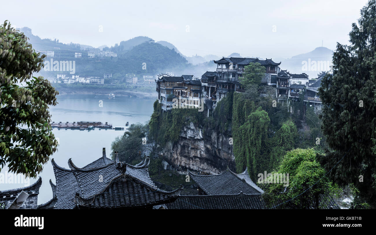 Hibiscus (Hibiscus) Ancient Chinese village in Hunan Province Stock ...