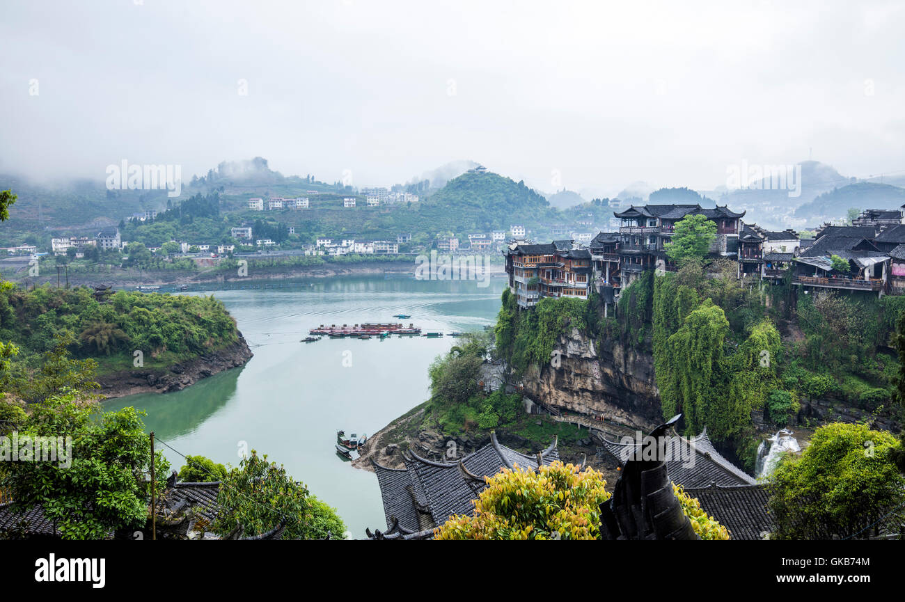 Hibiscus (Hibiscus) Ancient Chinese village in Hunan Province Stock ...
