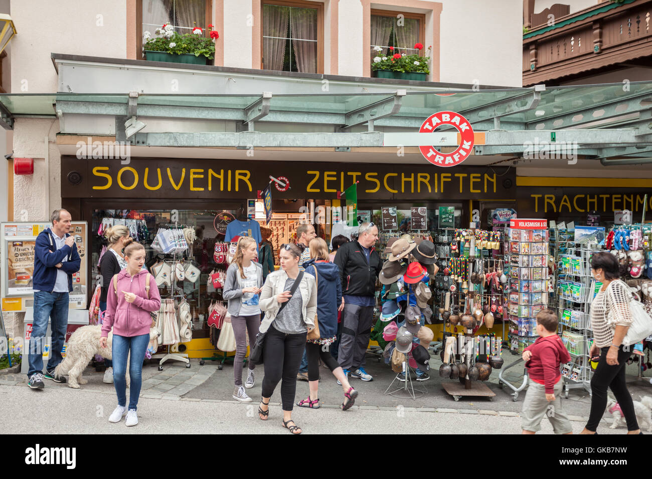 People in front of a souvenir shop in Mayrhofen, Zillertal, Austria ...