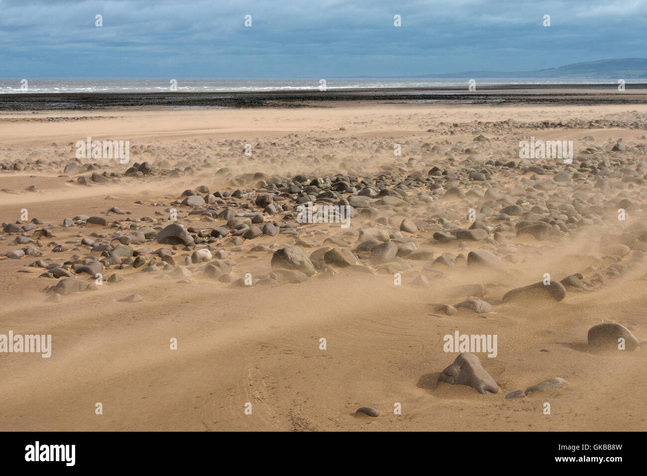 High winds causing a sandstorm along the beach at Dunster on the north ...