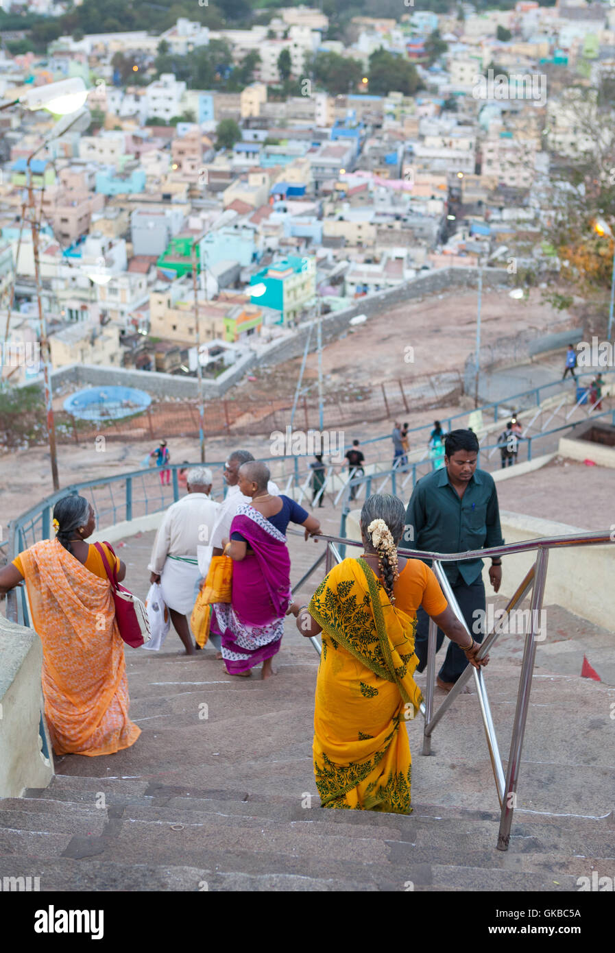 Pilgrims on the stairs of the Rock Fort Temple in Tiruchirappalli,Tamil ...