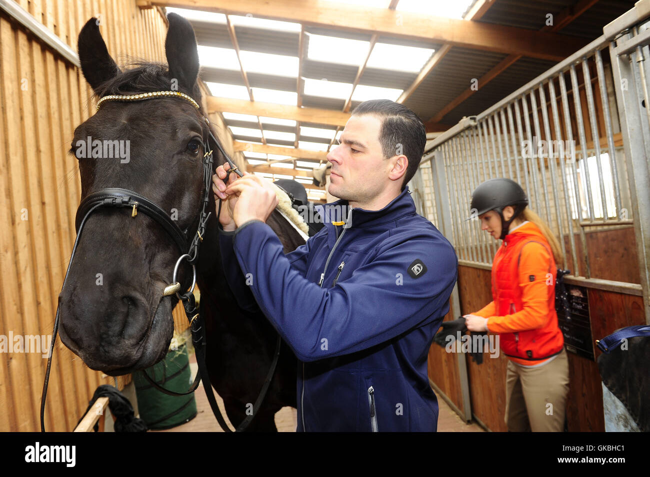 German actors Nora Huetz and Tobias Licht at the equestrian farm ...