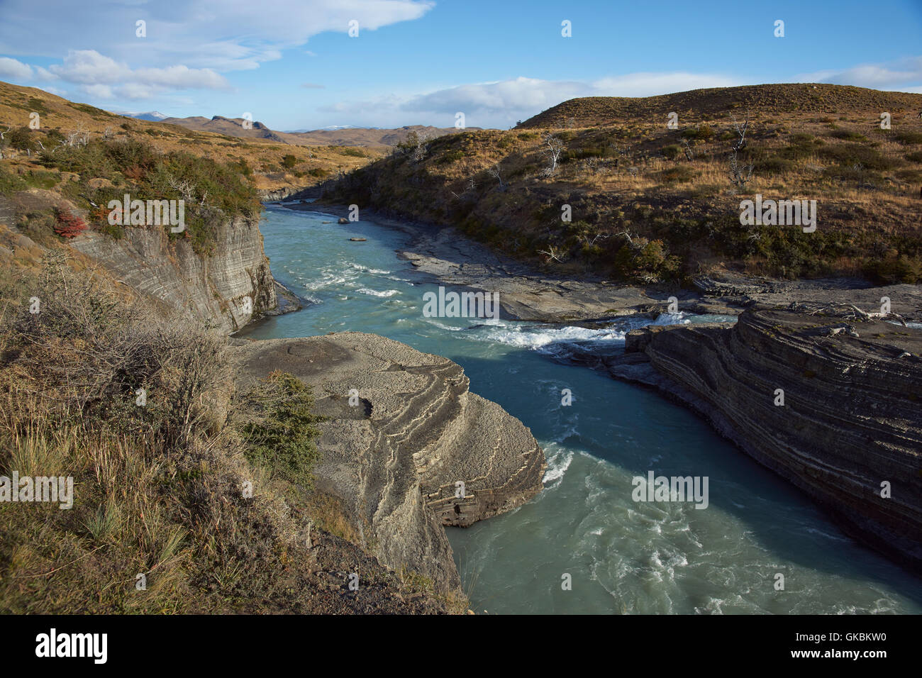 Canyon below the waterfall "Cascada Paine" on the River Paine in Torres ...