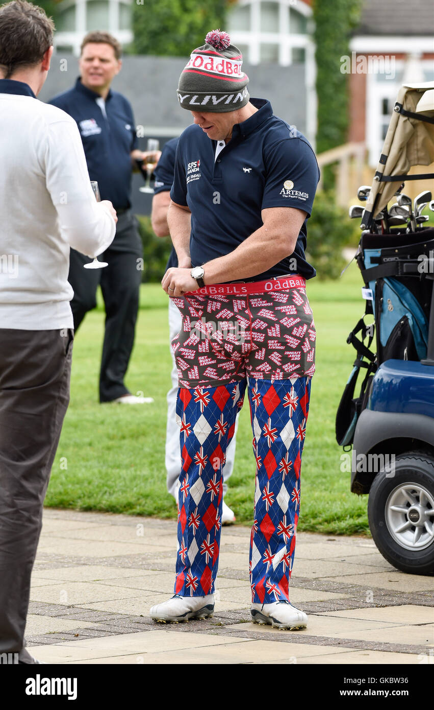 Mike Tindall playfully wears charity boxer shorts at his celebrity golf ...