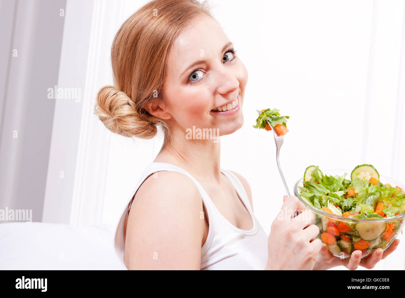 Happy woman smiles salad hi-res stock photography and images - Alamy