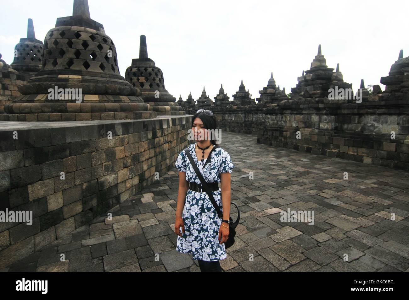 A girl and Borobudur ornament in Borobudur temple, Central Java ...
