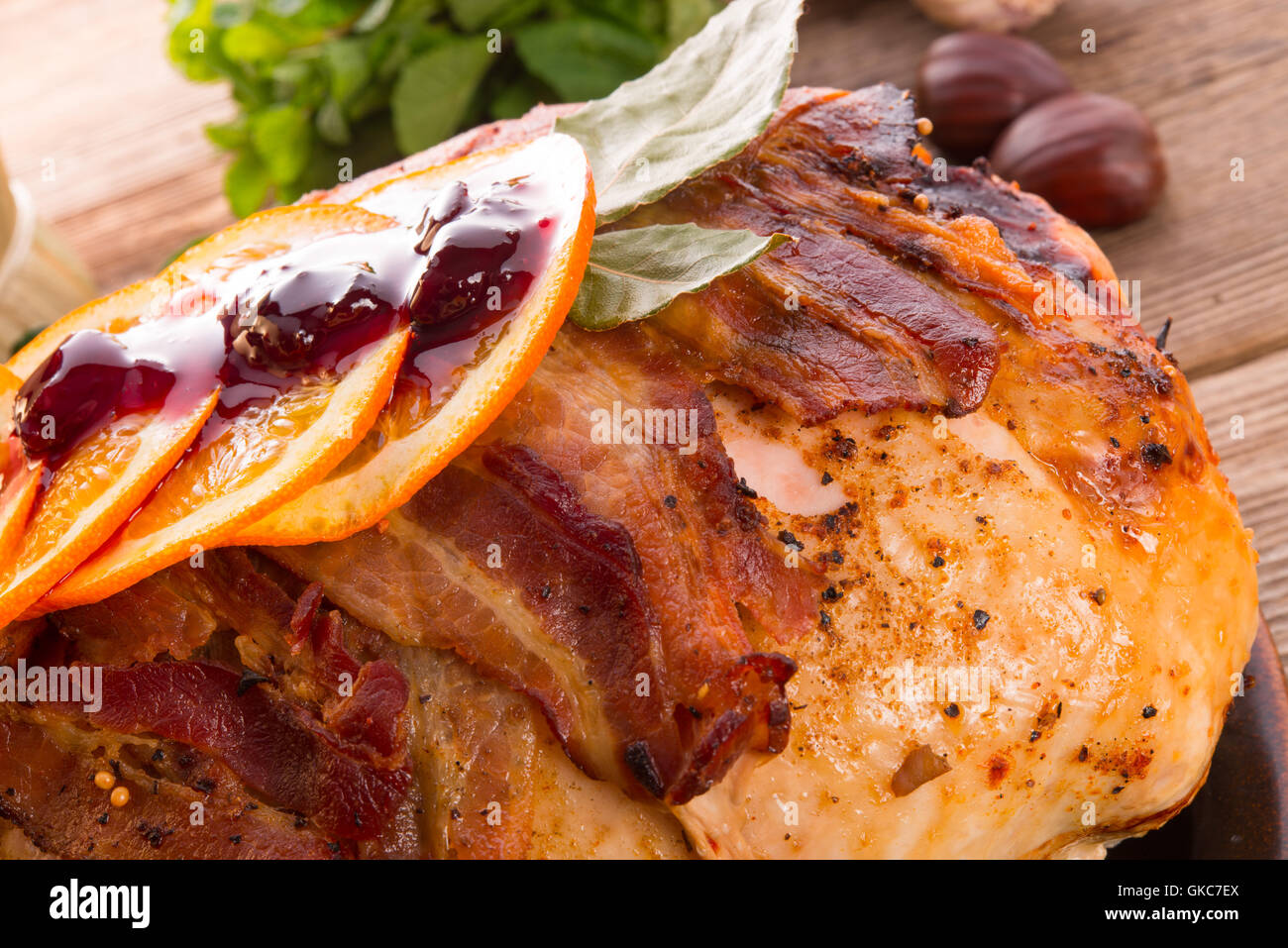 baked turkey with chestnut filling and orange Stock Photo - Alamy
