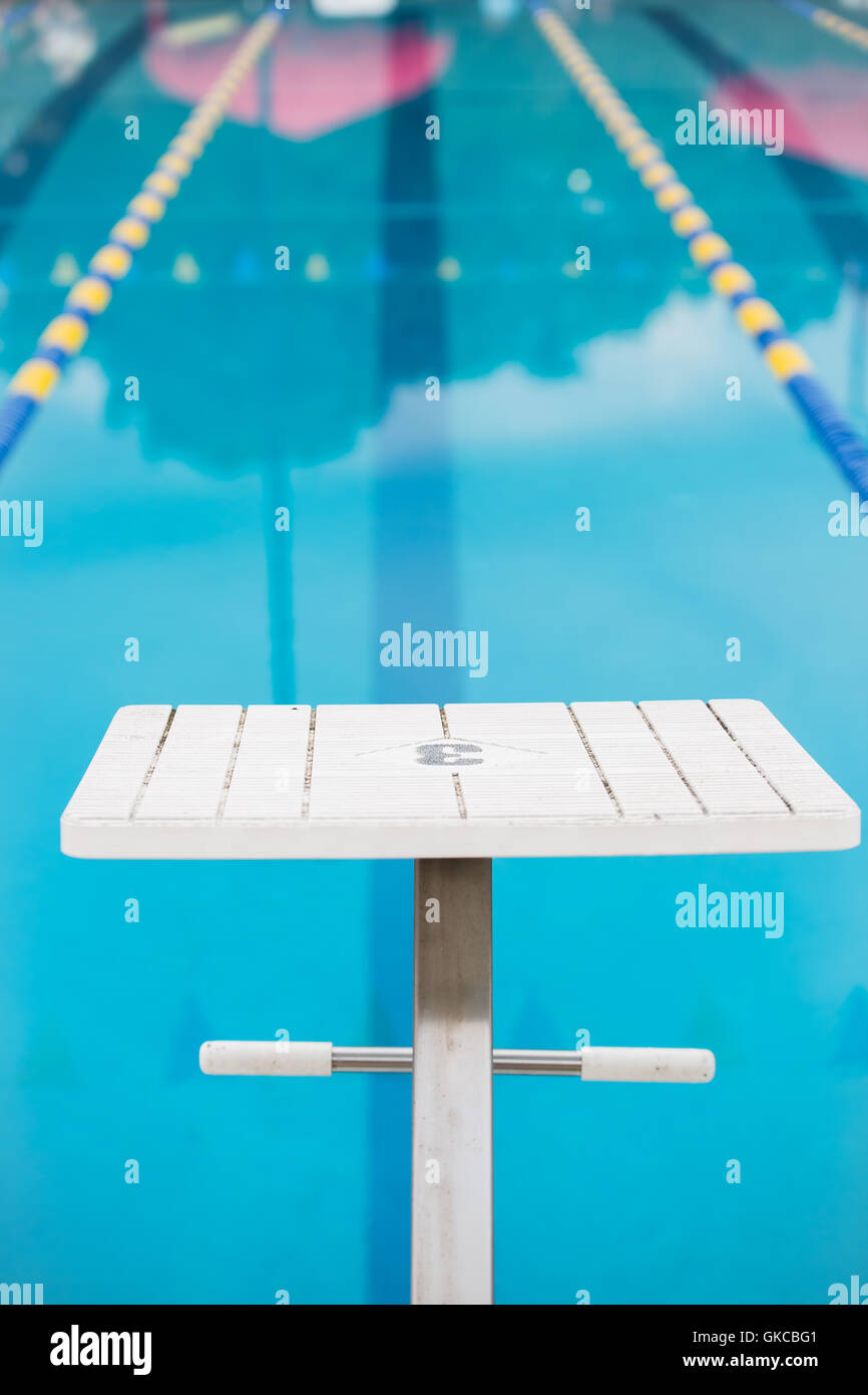 Empty diving block stands in front of the blue pool water looking ...
