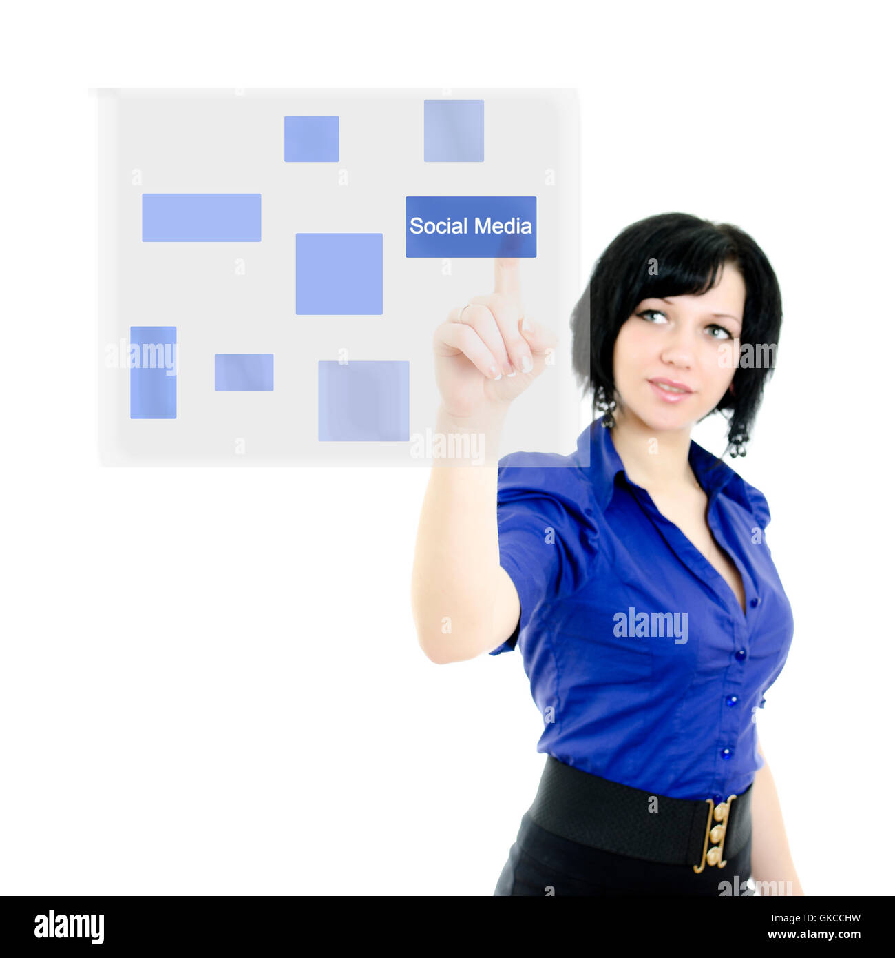 Attractive executive woman pushing on a touch screen interface ...