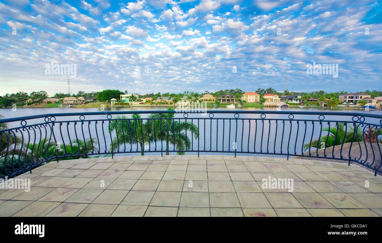 Balcony views from waterfront Mansion overlooking the canal Stock Photo ...