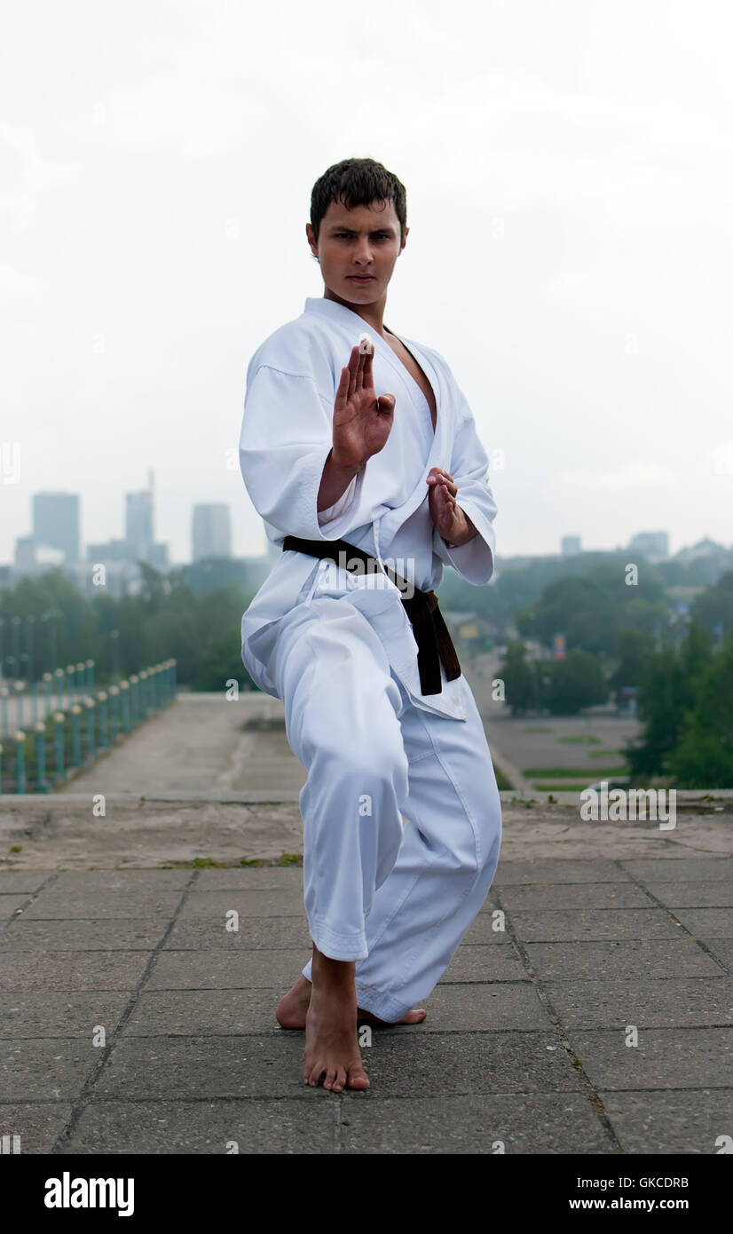karate poses against the backdrop of the city Stock Photo - Alamy