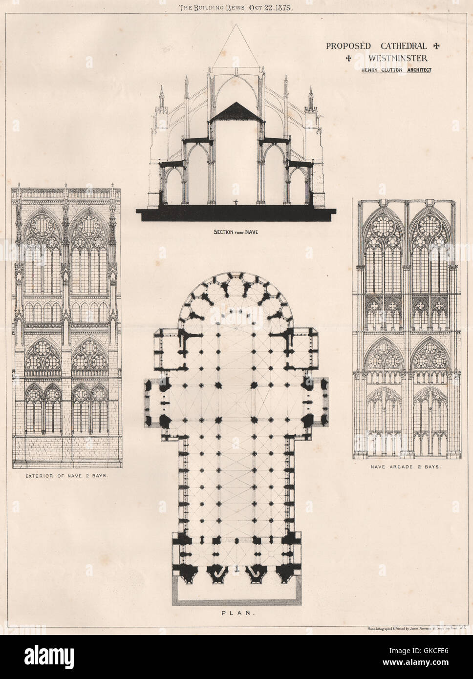 Proposed Cathedral, Westminster; Henry Clutton Architect, antique print ...