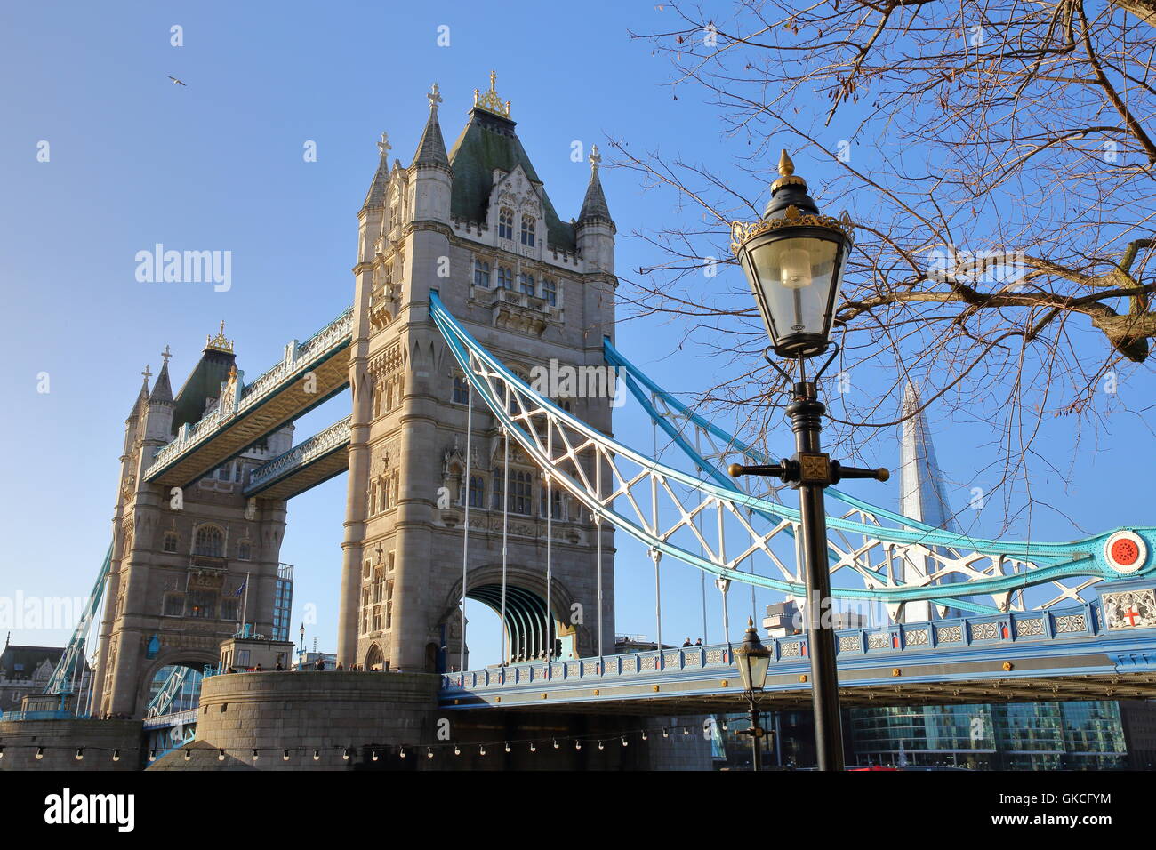 View of the Tower Bridge from St Katharine docks, London, Great Britain ...