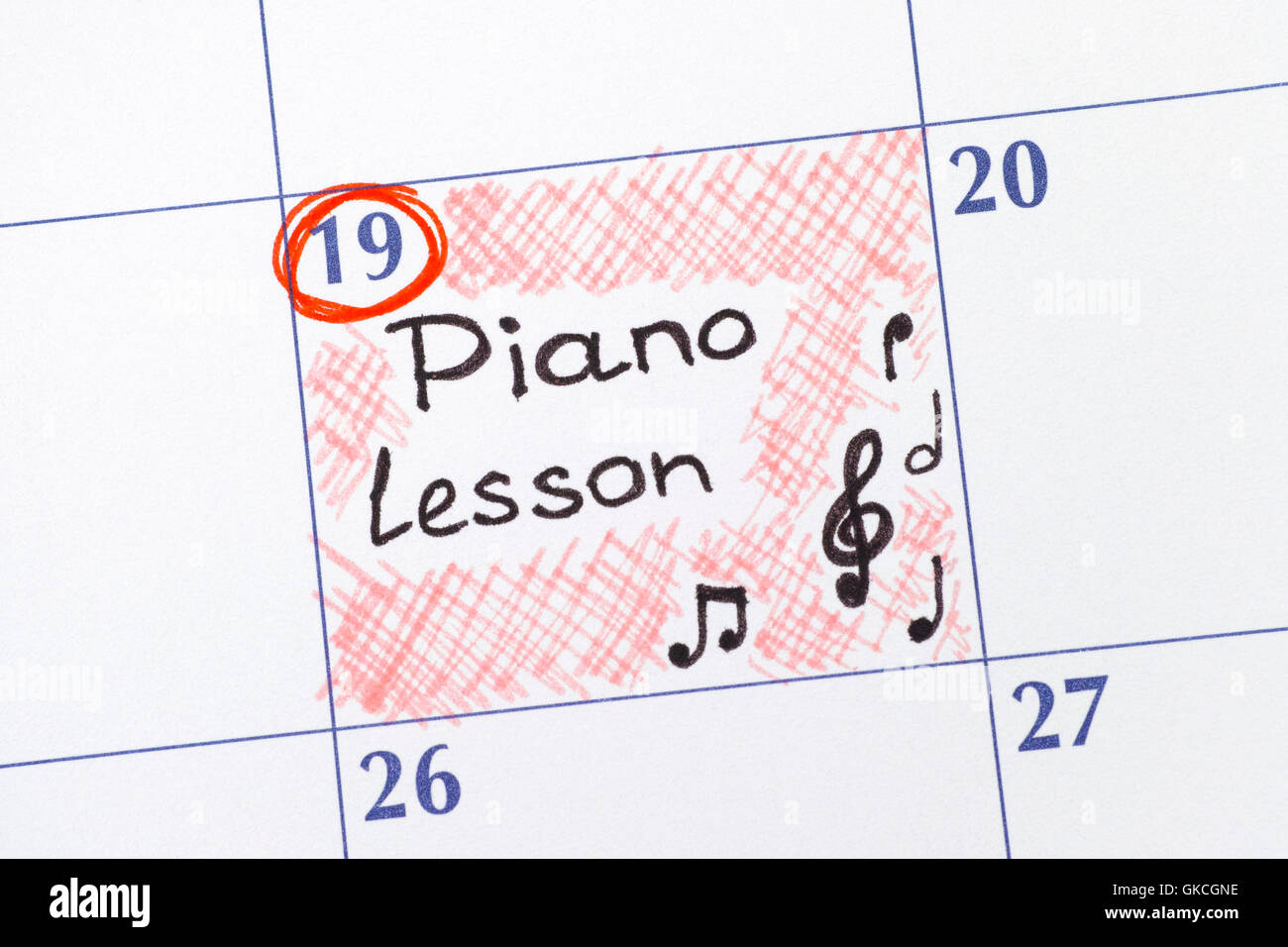 Reminder Piano Lesson in calendar. Close-up Stock Photo - Alamy