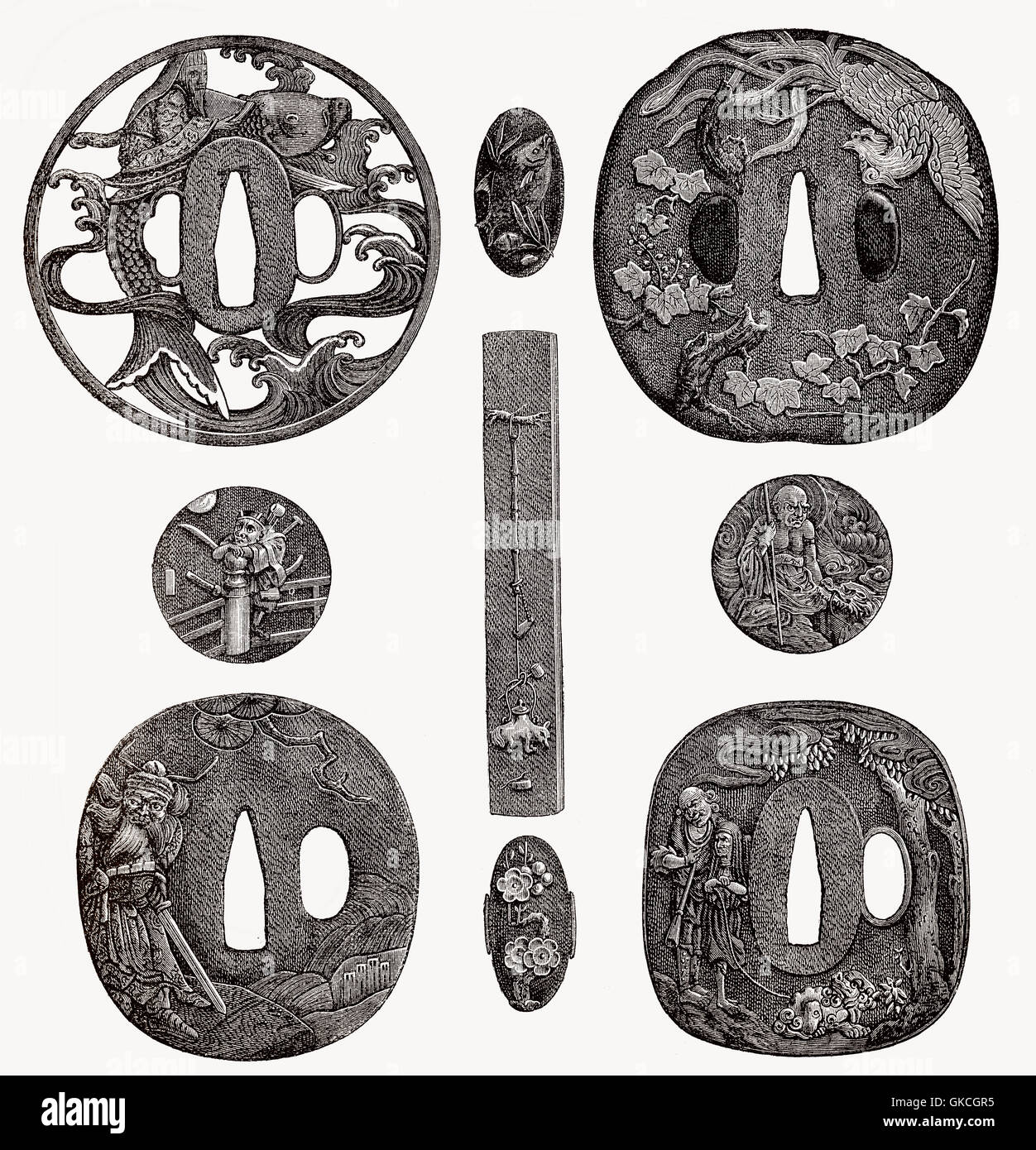 Old Japanese tsuba, illustration, 19th century Stock Photo - Alamy