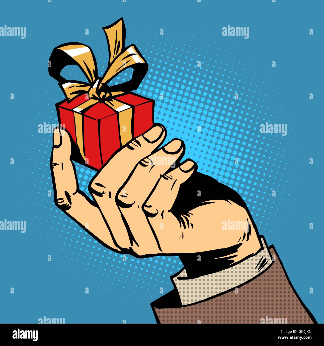 gift in his hand a small box pop art comics retro style Halftone Stock ...