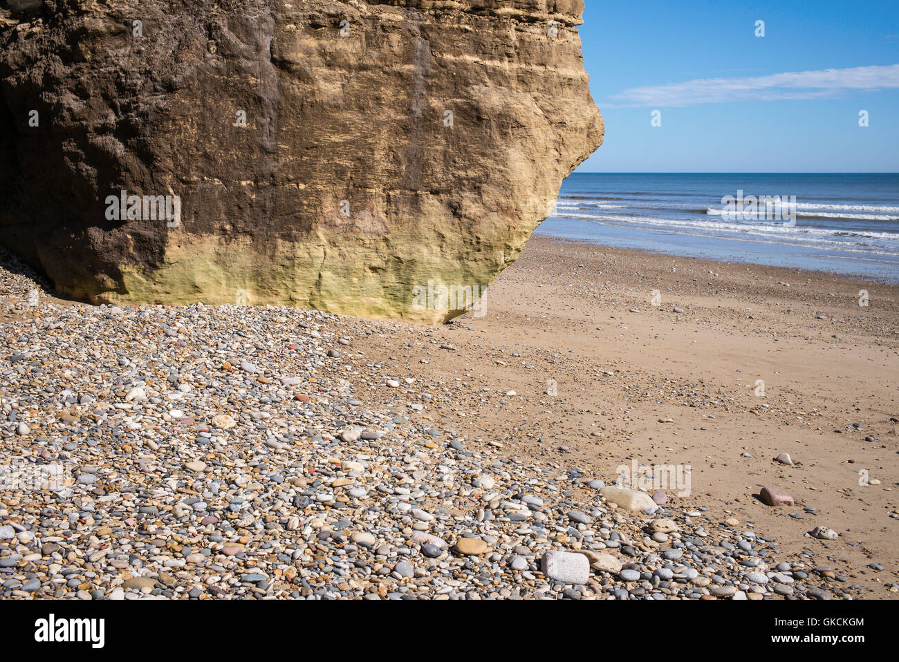 Cliffs of yellow coloured Magnesian Limestone rock at Seaham Beach ...