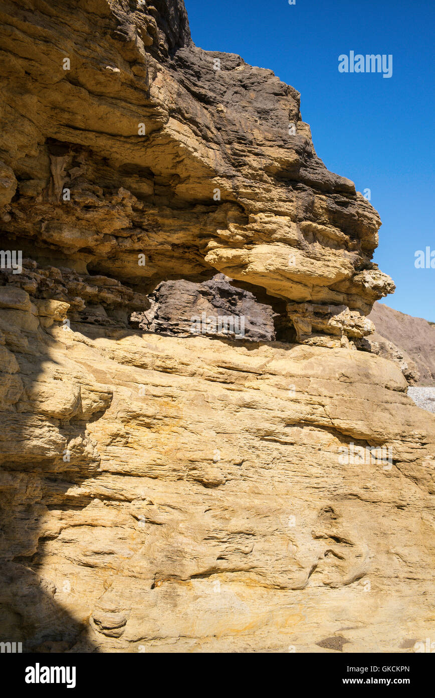 Erosion of cliffs of yellow coloured Magnesian Limestone rock at Seaham ...