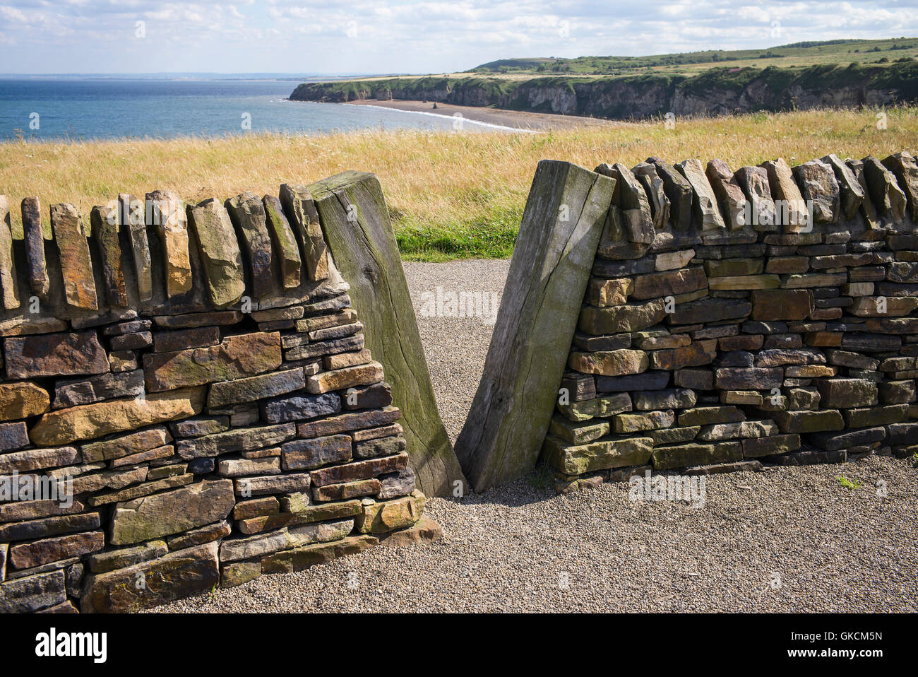 Wooden v shaped gap in a handcrafted stone wall at Nose's Point, Dawdon ...