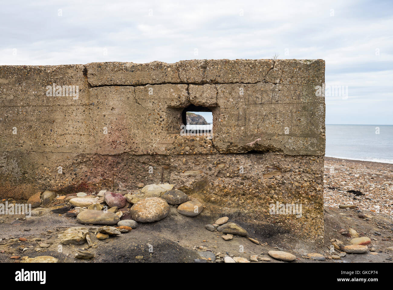 Ruined remains of a World War II concrete pillbox on Blast Beach, Nose ...