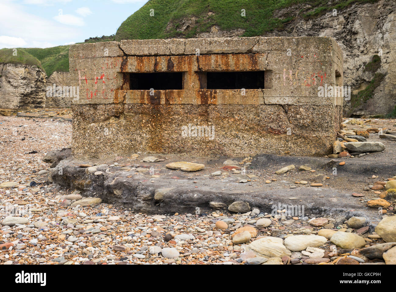 Ruined remains of a World War II concrete pillbox on Blast Beach, Nose ...