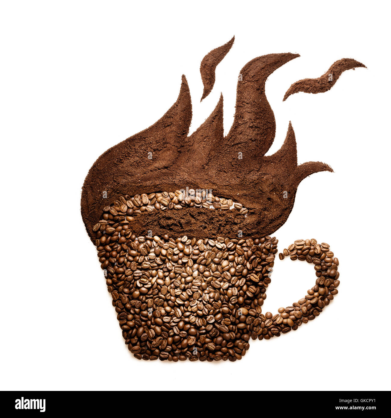 Creative still life of a cup with burning flames of fire made of coffee ...
