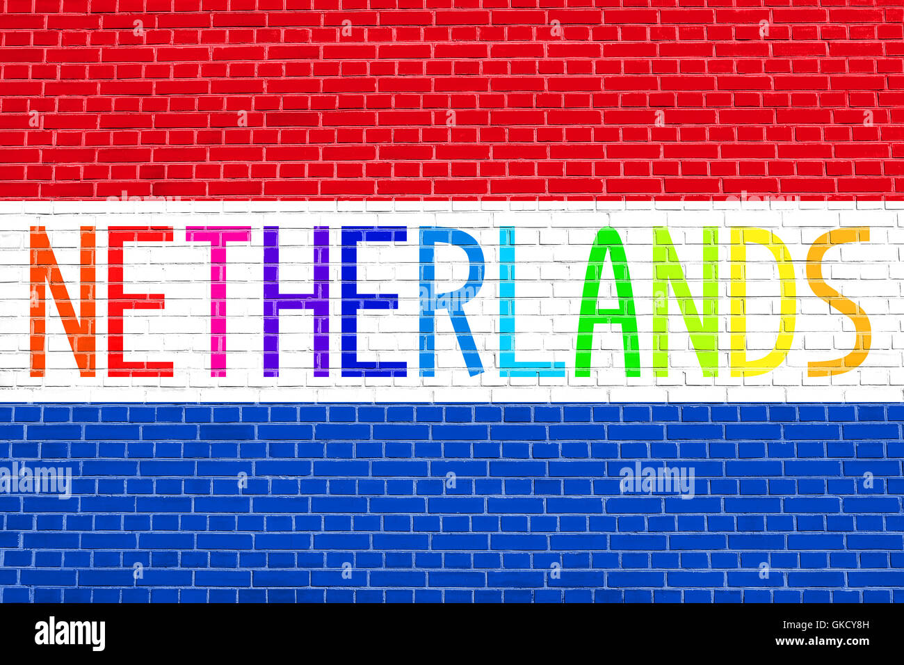 Flag of the Netherlands on brick wall texture background. Multicolored ...