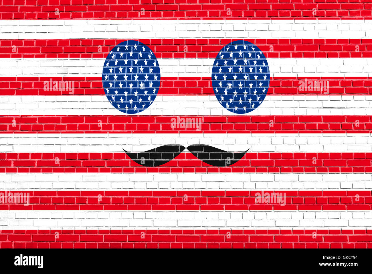 Funny face made of USA flag simbols with mustaches on brick wall ...