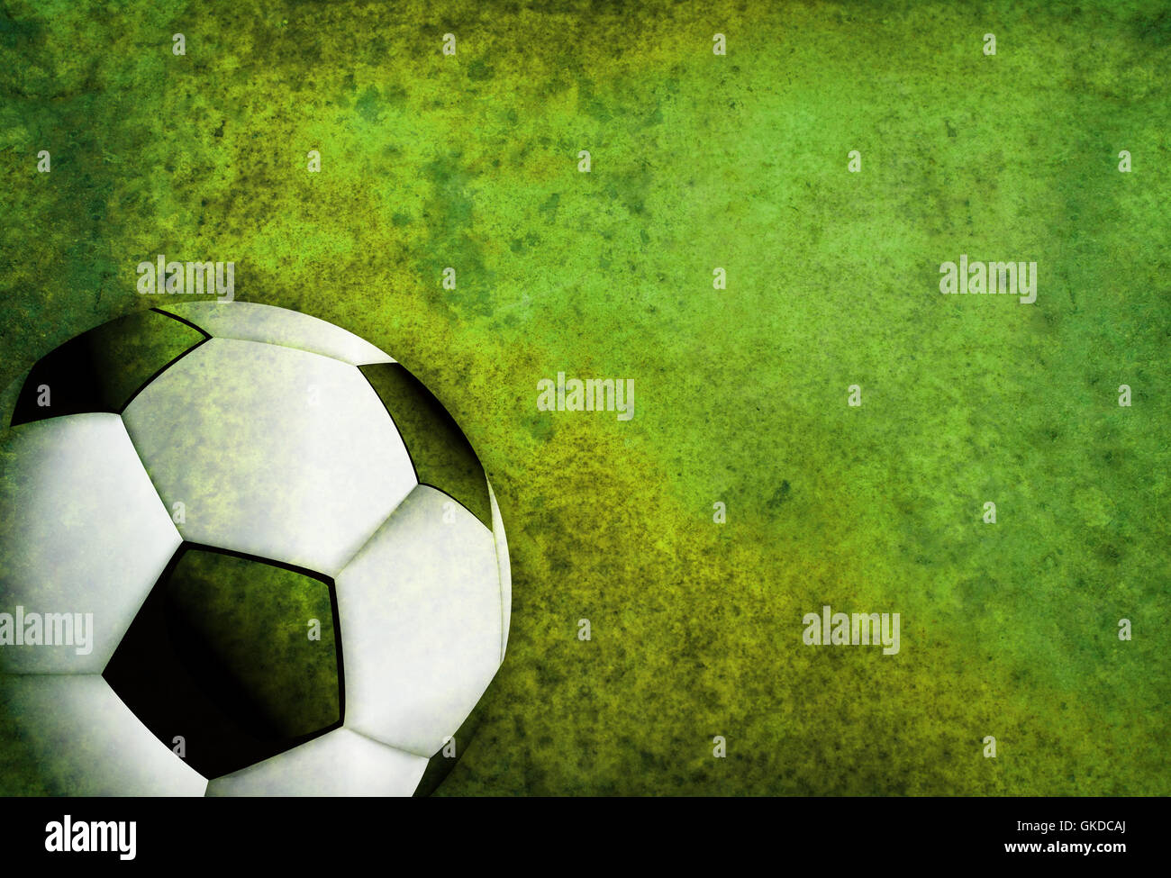 A green textured soccer football field background with ball. Room for ...