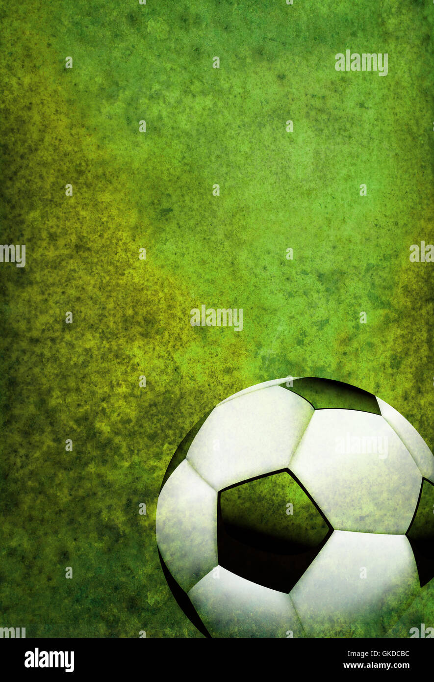 A green textured soccer football field background with ball. Room for ...