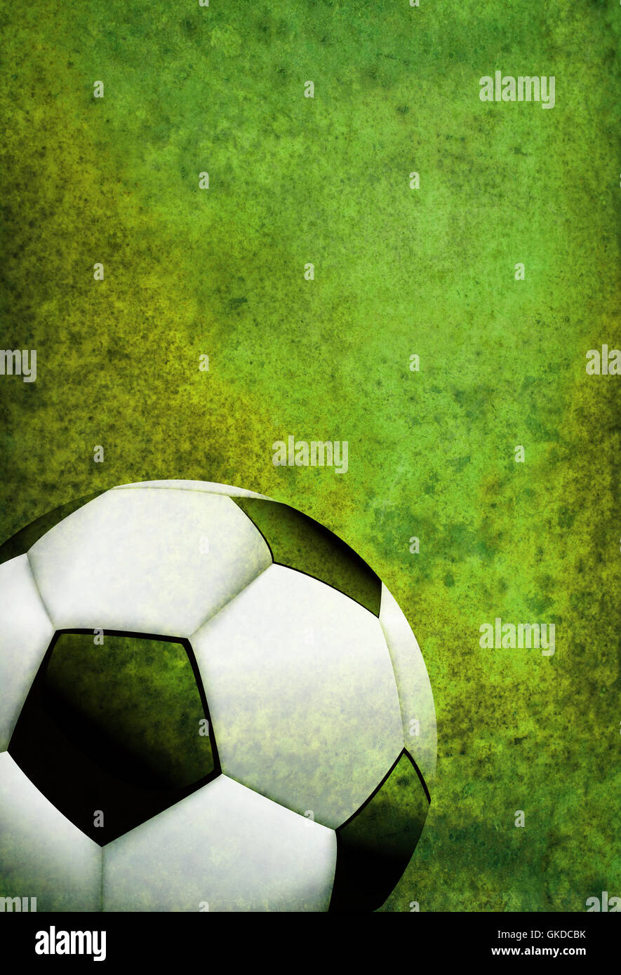 A green textured soccer football field background with ball. Room for ...