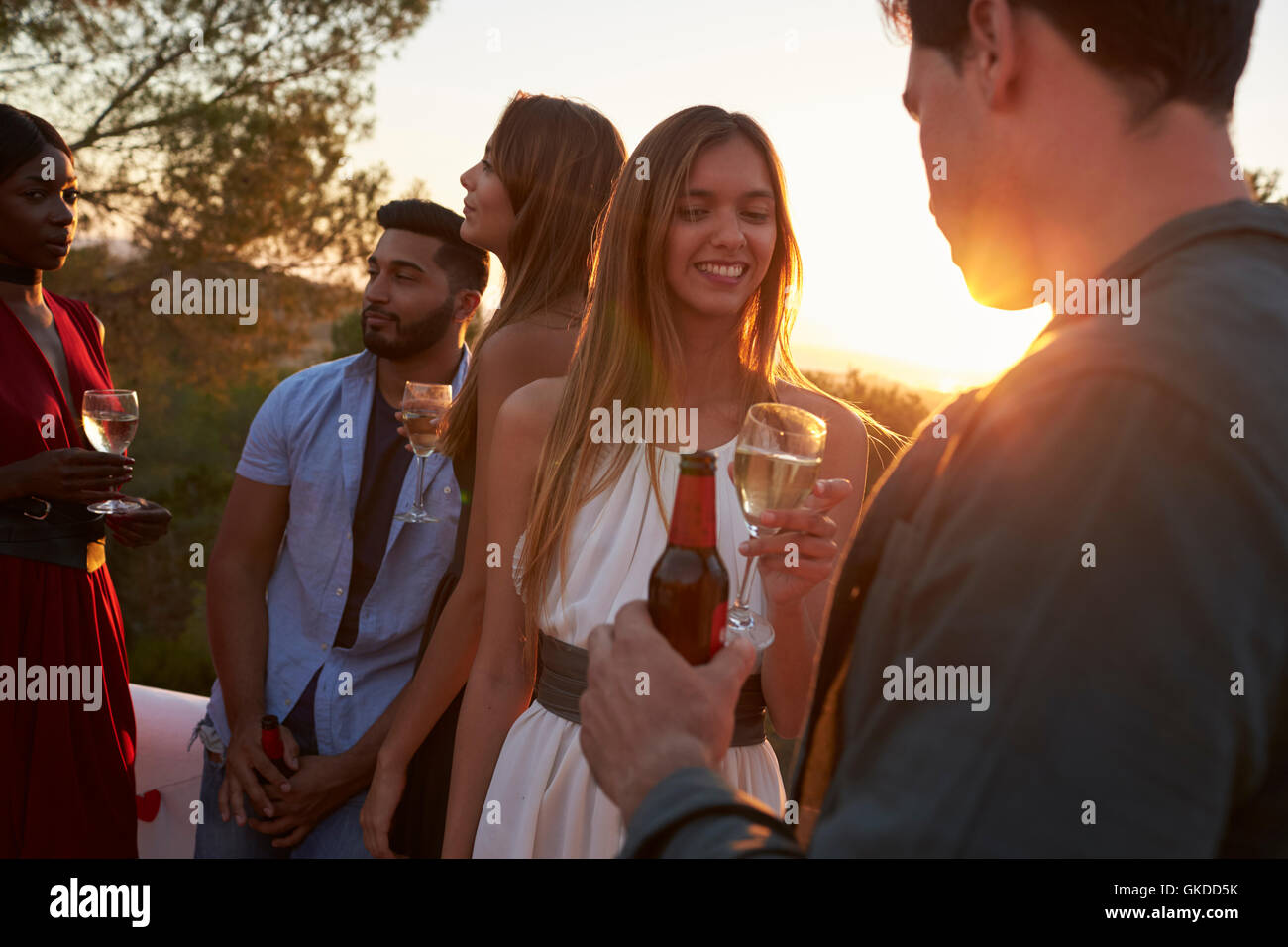 Adult friends at a party on a rooftop at sunset, close up Stock Photo ...