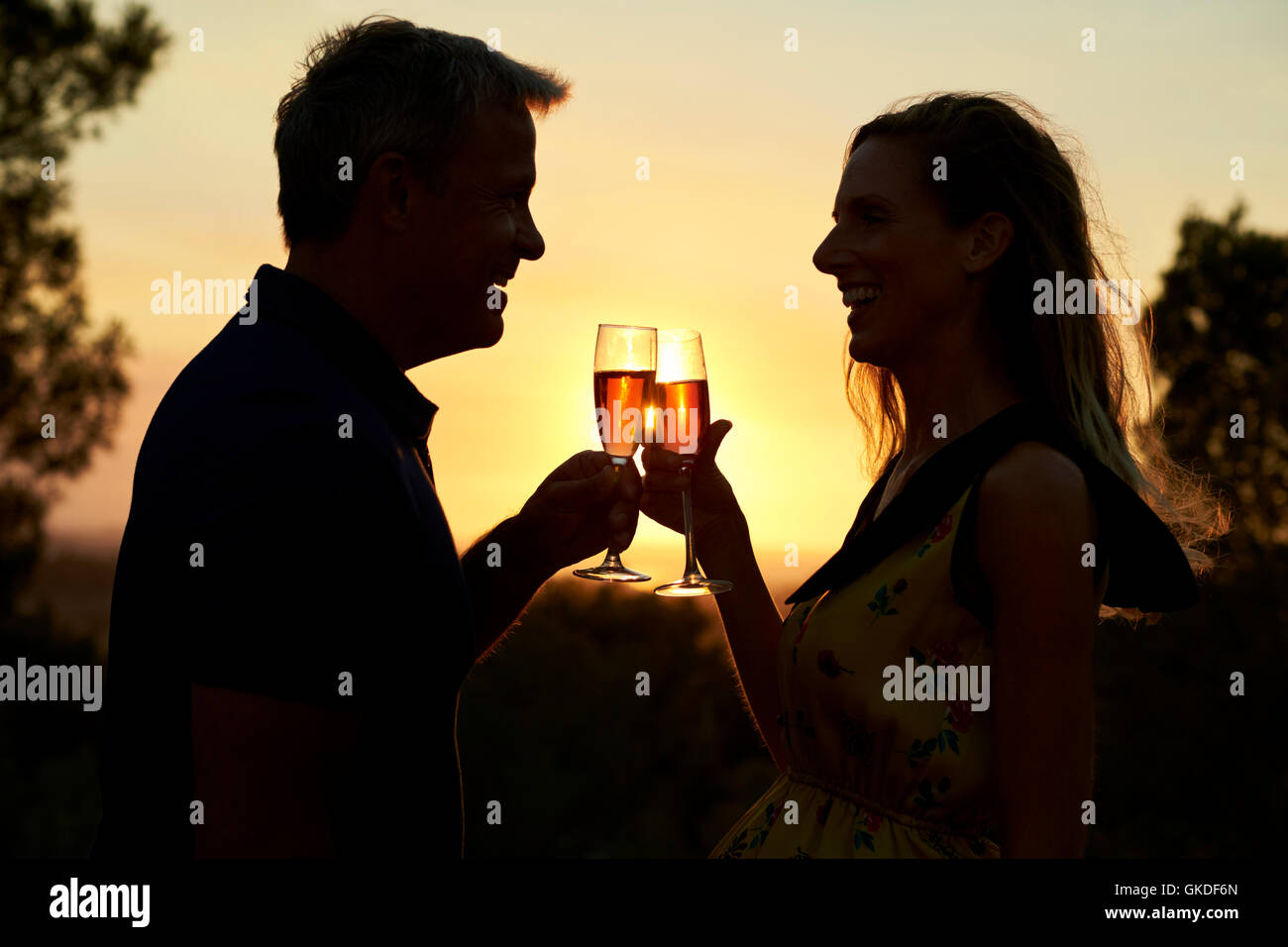 Romantic couple making a toast outdoors at sunset, waist up Stock Photo ...