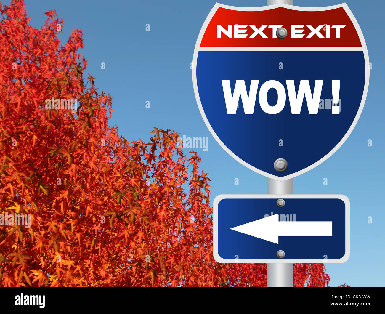Wow road sign with leaf background Stock Photo - Alamy