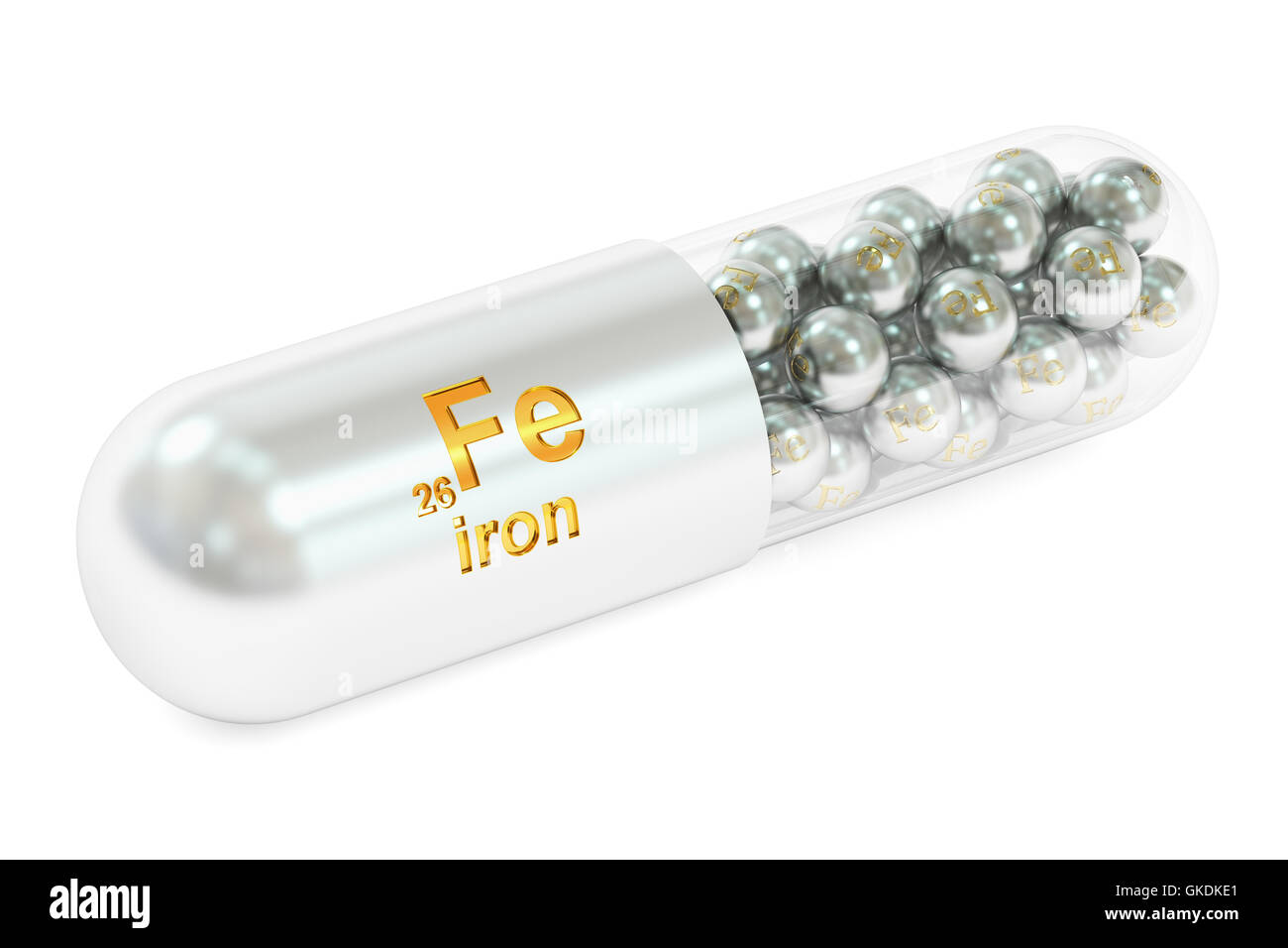 Capsule with iron Fe element Dietary supplement, 3D rendering isolated ...