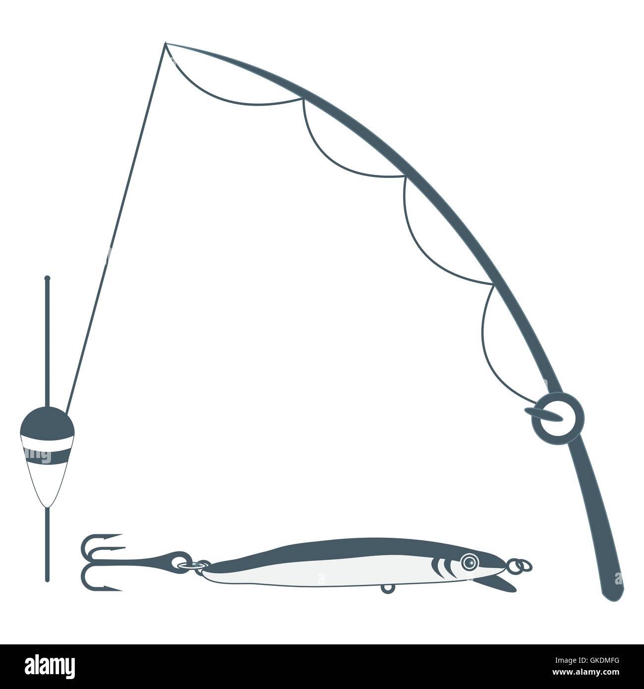 Stylized icon set of different tools for fishing on a white background ...