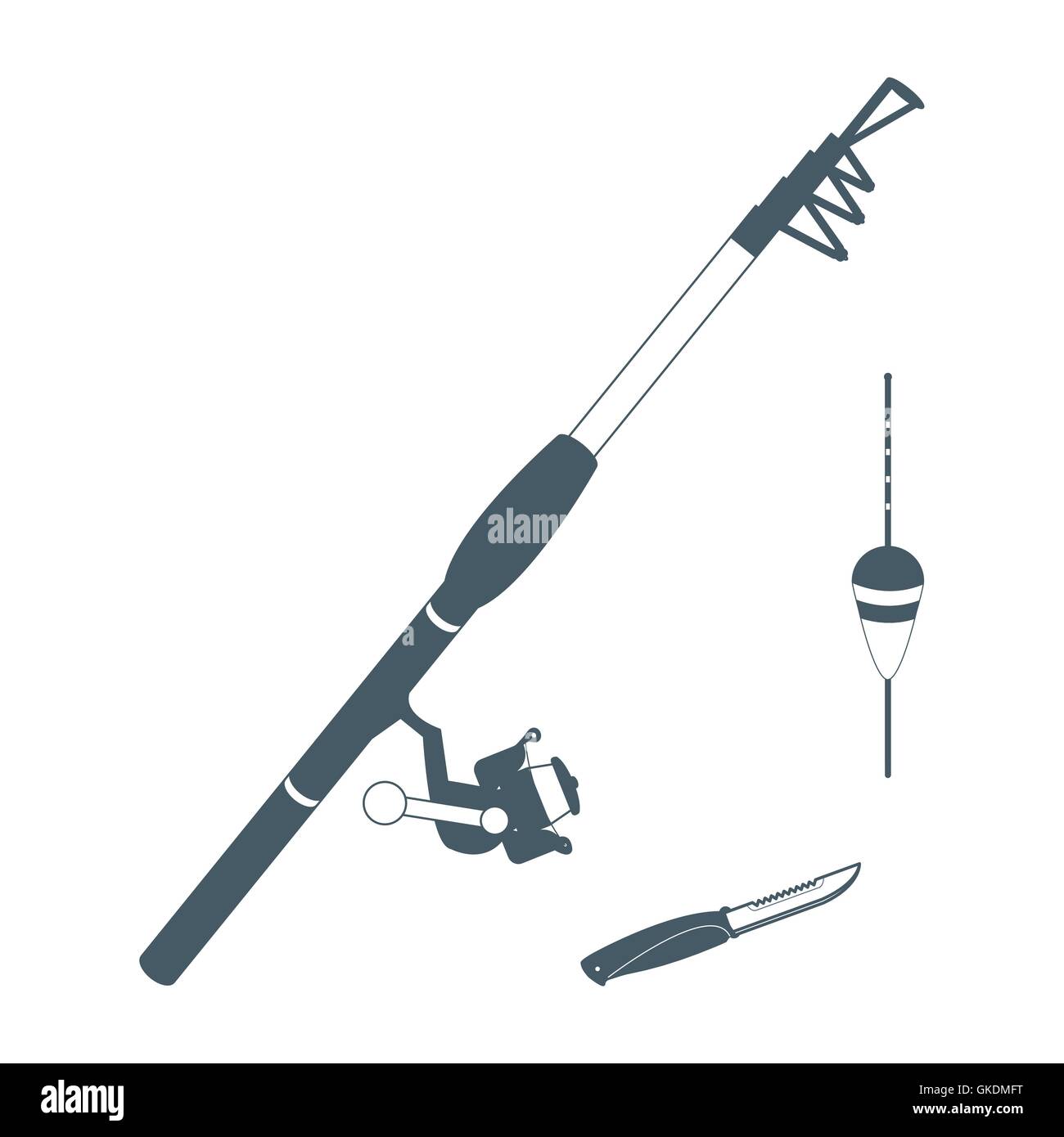 Stylized icon set of different tools for fishing on a white background ...