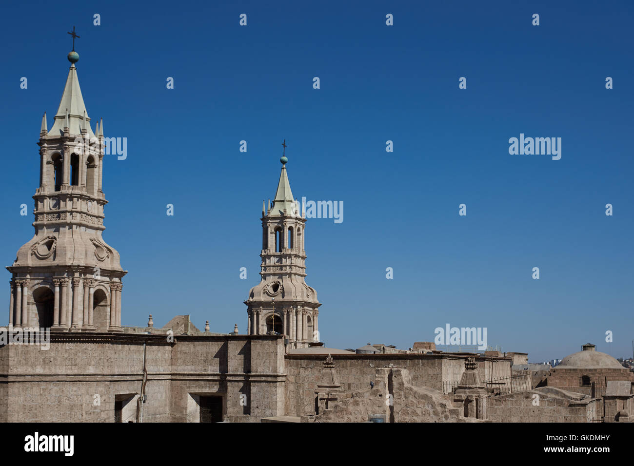 Twin towers of the main cathedral in the historic Spanish colonial city ...