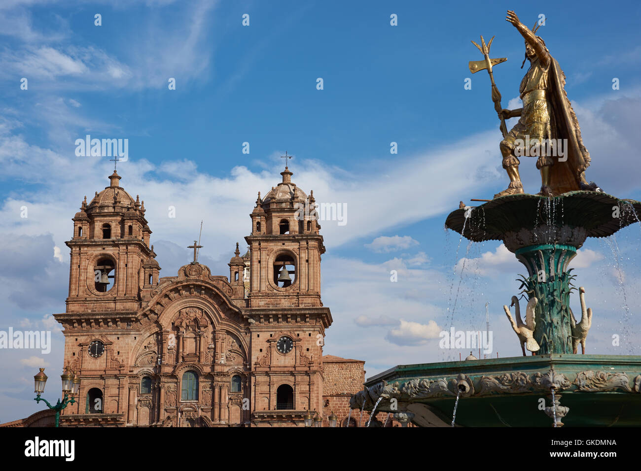 Golden statue of an Inca on top of the fountain in the centre of the ...