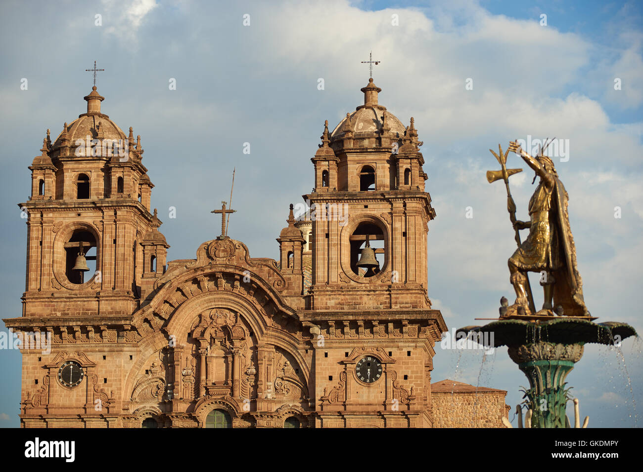 Golden statue of an Inca on top of the fountain in the centre of the ...