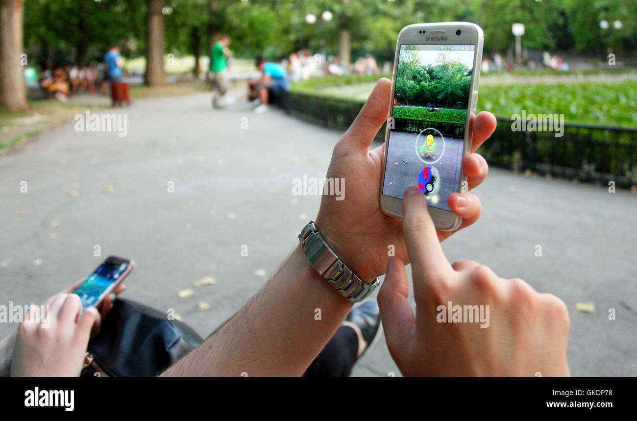 SOFIA, BULGARIA, JULY 23, 2016: Pokemon GO augmented reality smartphone ...
