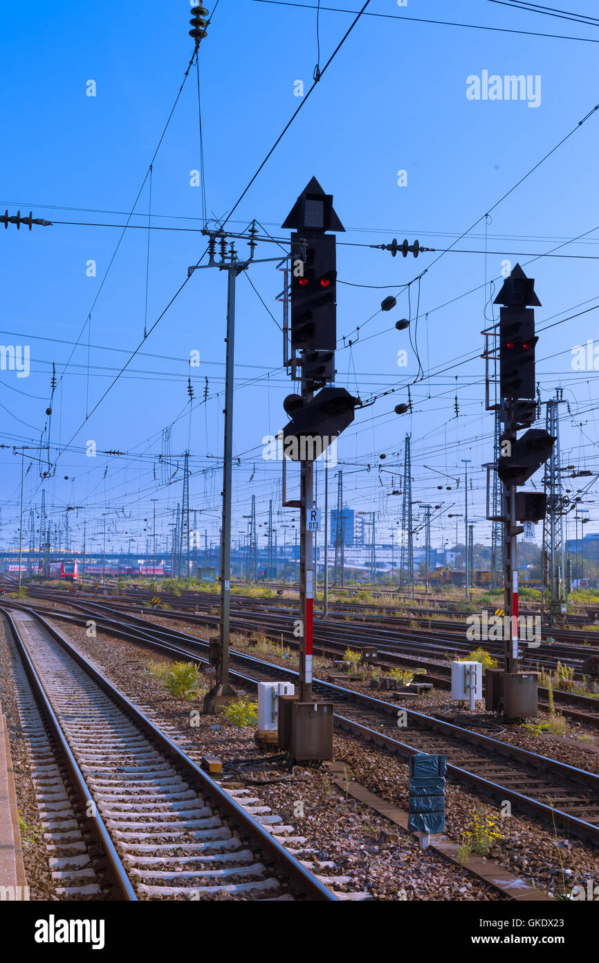Railway Signal and Overhead Wiring Stock Photo - Alamy
