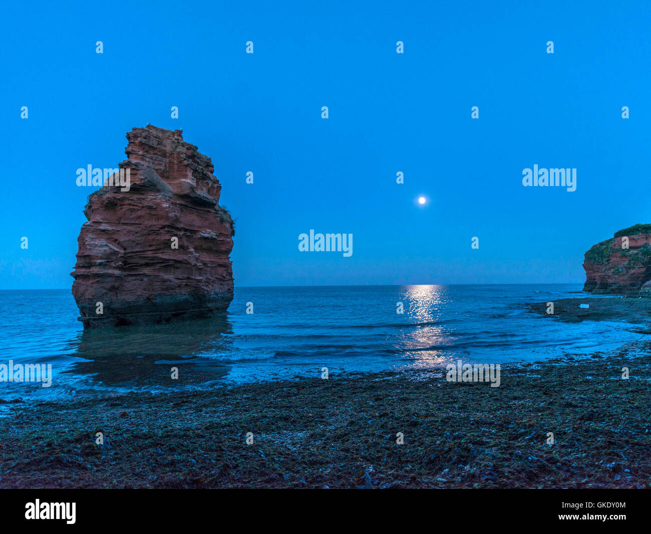 Jurassic coast rock formation by moonlight at Ladram Bay Cove, Devon ...