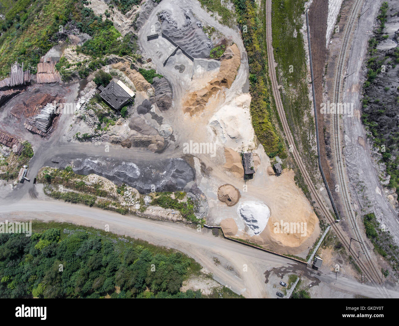 Aerial view over the building materials processing factory. Sand mine ...