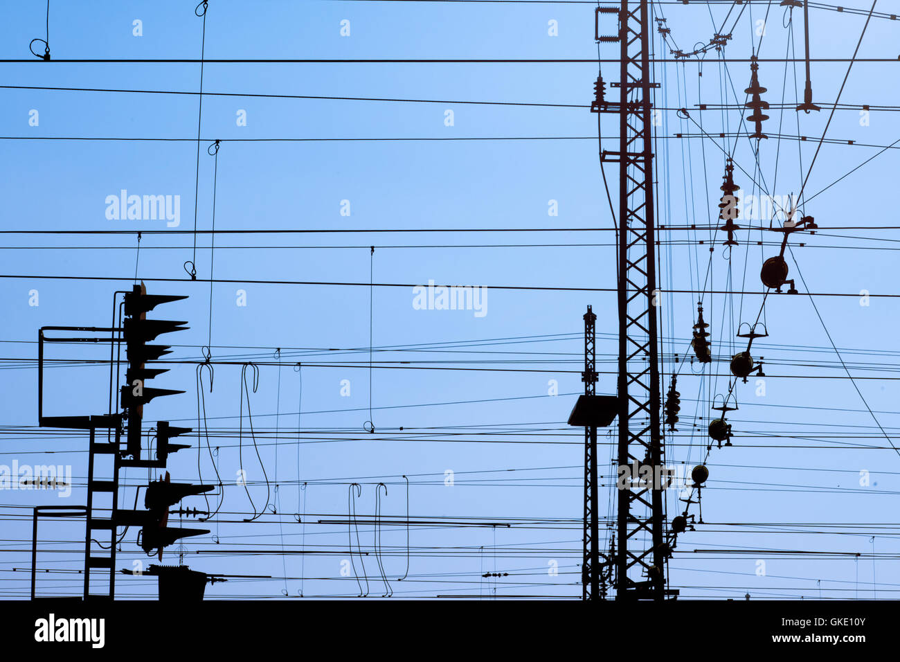 Railway Signal and Overhead Wiring Stock Photo - Alamy